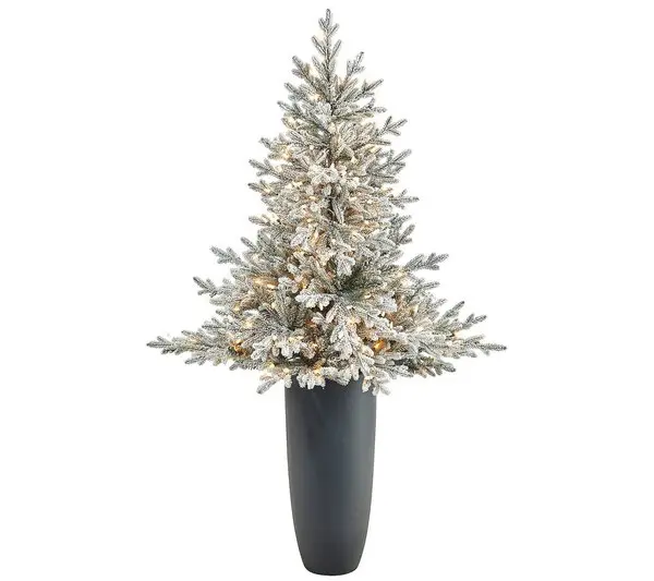 NEARLY NATURAL 5-ft Flocked Fraser Fir Christma Tree W/lights
