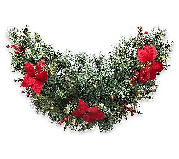 GLITZHOME 3ft Pre-lit Poinsettia Christmas Swag With Timer