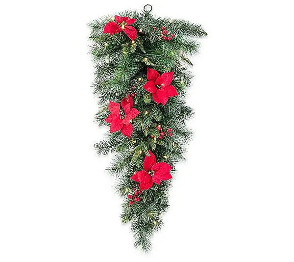 GLITZHOME 3' Pre-lit Pine Poinsettia Christmas Eardrop Swag