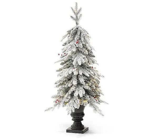 GLITZHOME 4ft Pre-lit Flocked Artificial Christ As Porch Tree