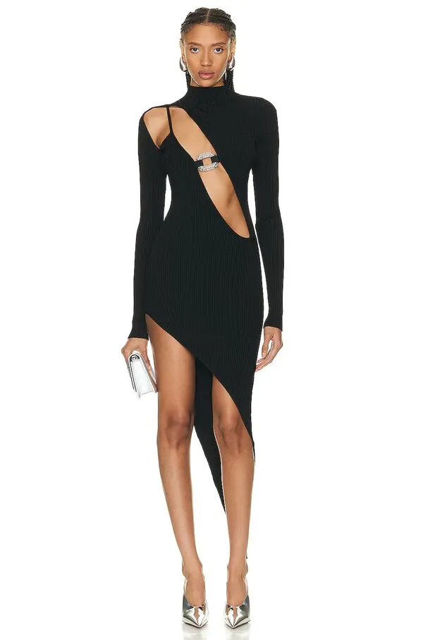 David Koma Crystal Buckle Cutout Asymmetrical Knit Dress In Black In Black  & Silver - 36% Off | Editorialist