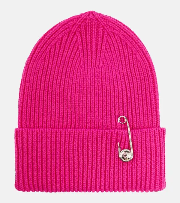Versace Safety Pin Ribbed-Knit Wool Beanie In Pink 30% Off