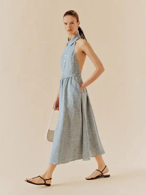 Tace Linen Dress - Slate Check