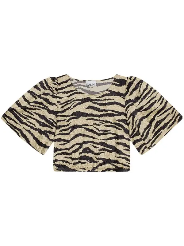 GANNI Zebra-print Crinkled Cropped T-shirt