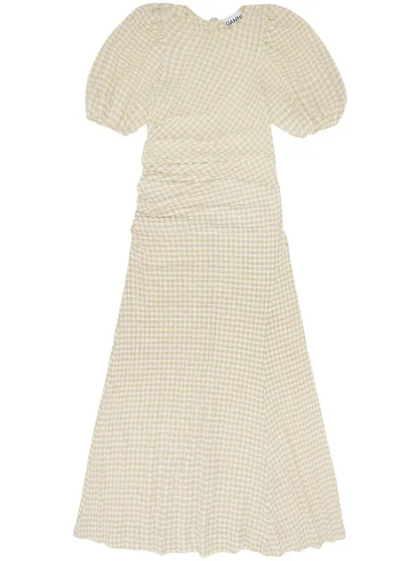 GANNI Gingham-check Puff-sleeve Midi Dress - Neutrals