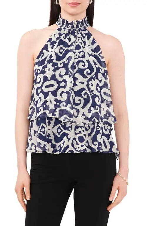 Chaus Medallion Print Halter Neck Blouse - Navy/white
