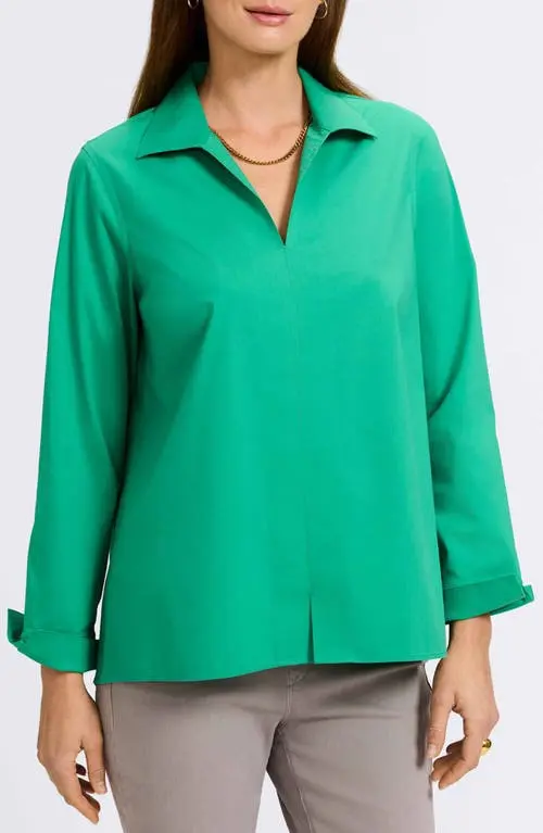 Foxcroft Agnes Split Cuff Popover Blouse - Kelly Green