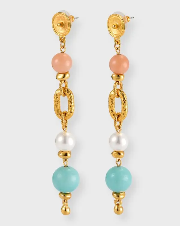 BEN-AMUN Pearly, Rose Quartz And Amazonite Dangle Earrings - Gold