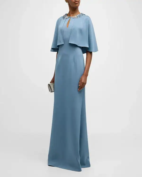 Rickie Freeman For Teri Jon Jewel-Embellished Cutout Cape Gown In