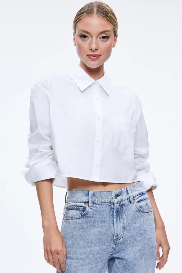 Alice + Olivia Finely Cropped Button Down Shirt - White