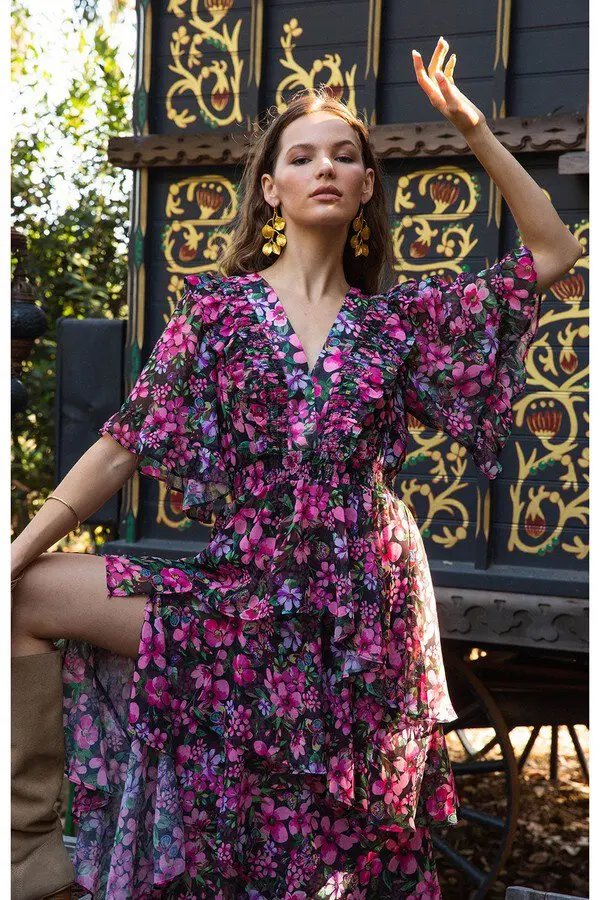Hale Bob Natasha Tiered Chiffon Dress - Black