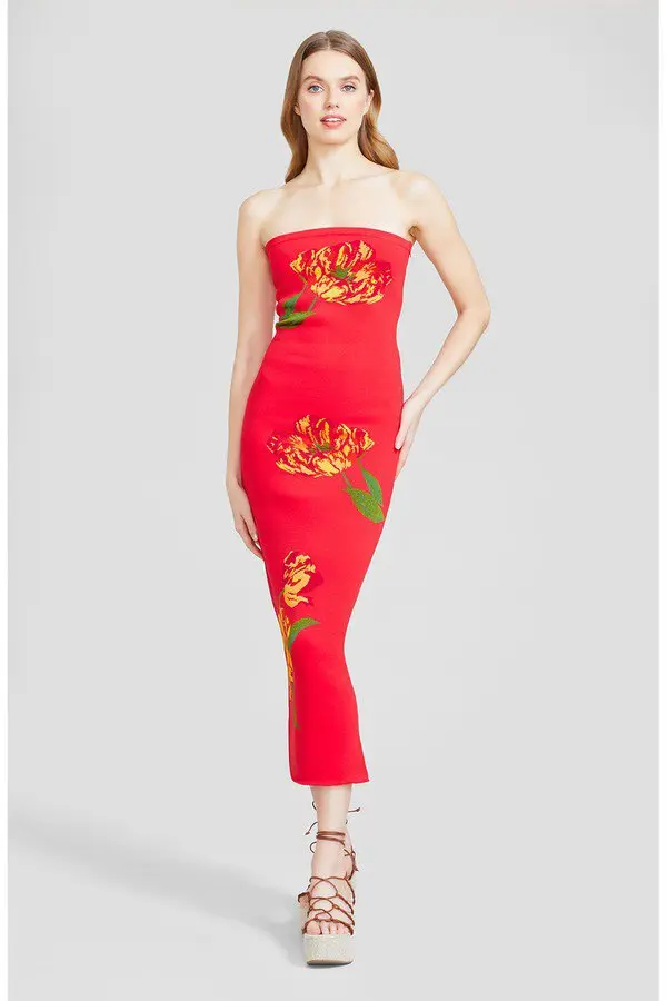 Lela Rose Floral Jacquard Knit Strapless Midi Dress In Red 70