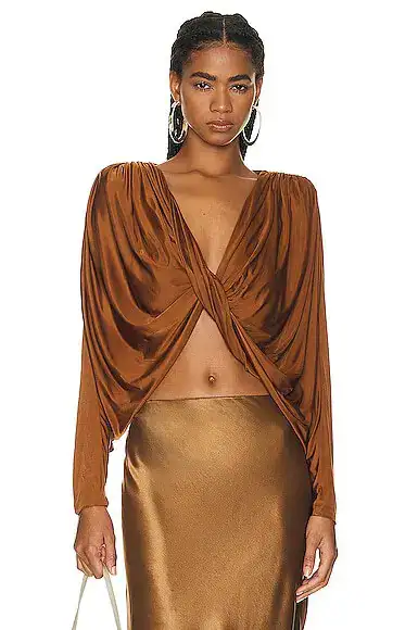 Saint Laurent Draped Twist Top In Cognac - Camel | Editorialist