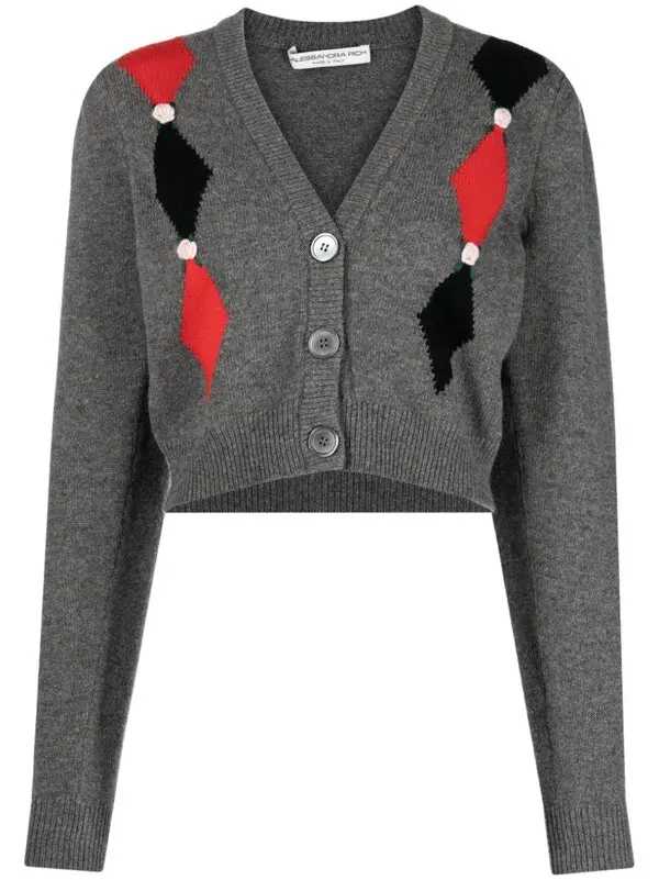 Alessandra Rich Intarsia Knit Cardigan - Grey