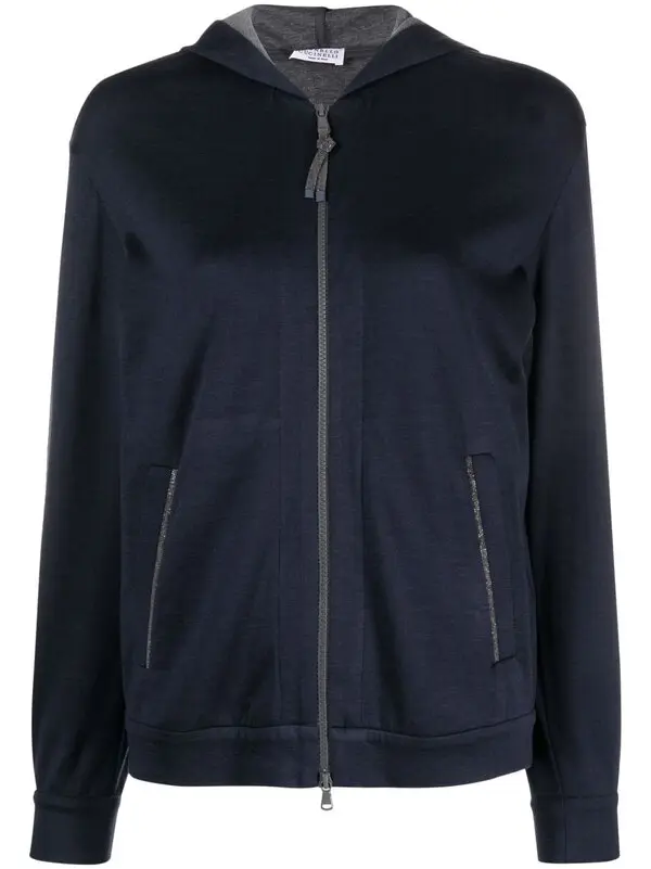 Brunello Cucinelli Zipped Hoodie With Monili Chain Detail - Blue