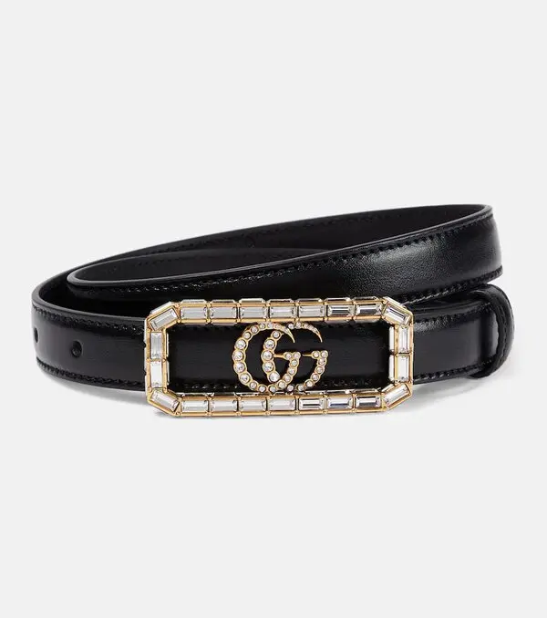 Gucci Double G Crystal-Embellished Leather Belt - Black  display picture 1