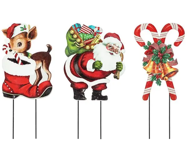 GLITZHOME 24' Metal Santa, Reindeer And Cane Ya D Stakes Set 3