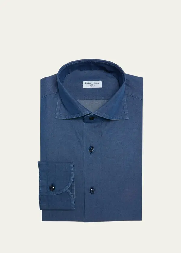 Cesare Attolini Cotton Denim Dress Shirt - B21-blue | Editorialist