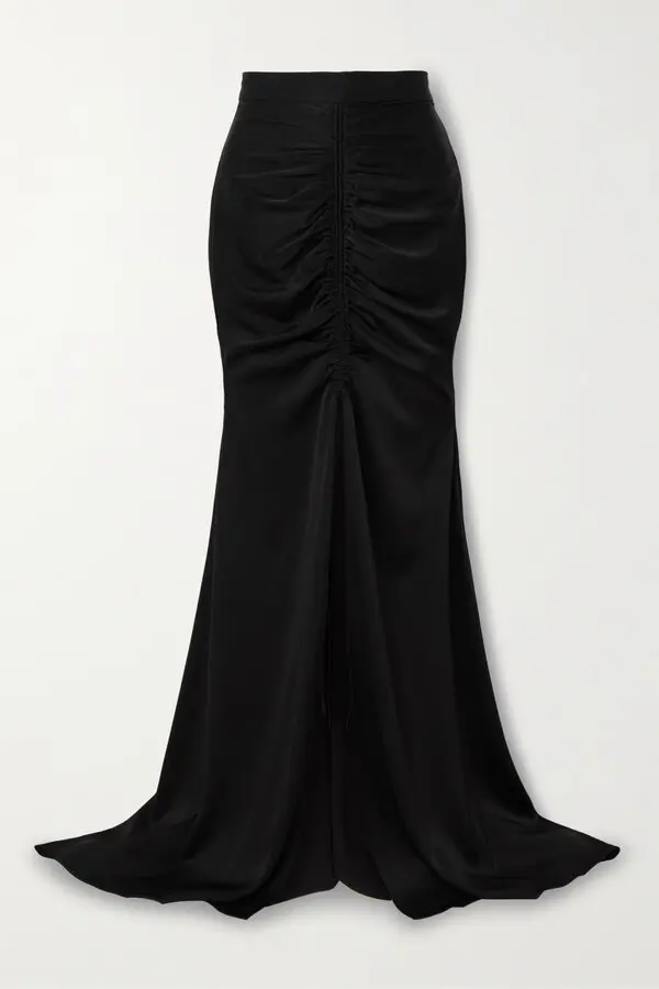Alex Perry Sutton Ruched Satin-Crepe Maxi Skirt Black Editorialist