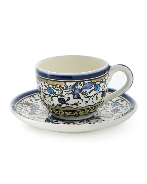 Neiman Marcus Pavoes Blue And Green Cups & Saucers, Set Of 4