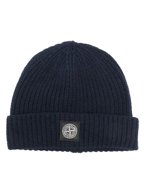 Stone Island Logo-patch Ribbed Beanie - Blue