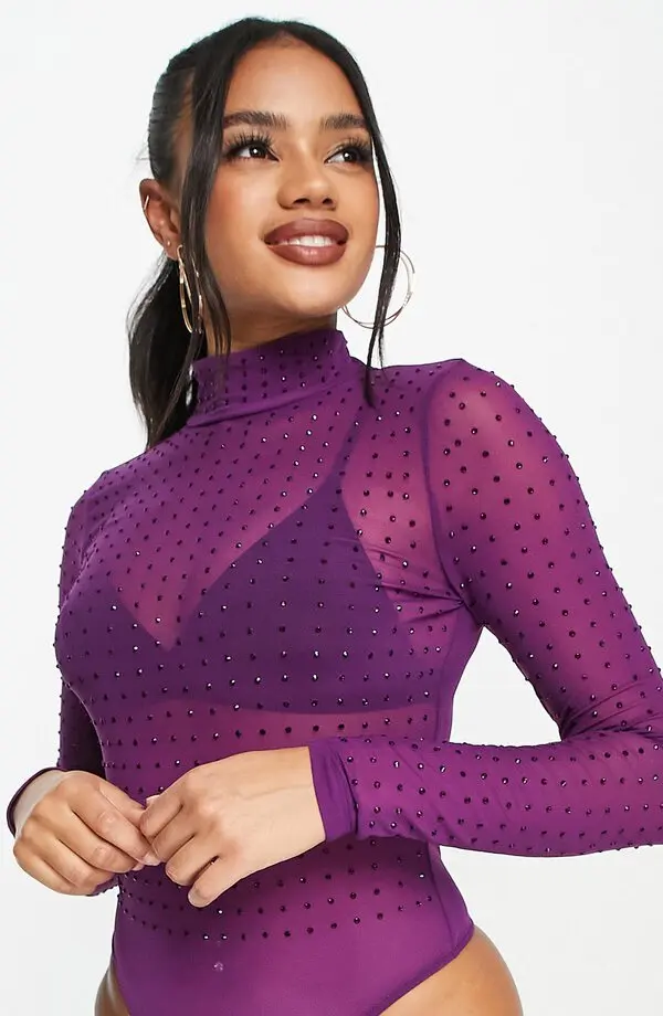 Bodysuit Asos Sparkly Asos Embellished Mock Neck Sheer Mesh