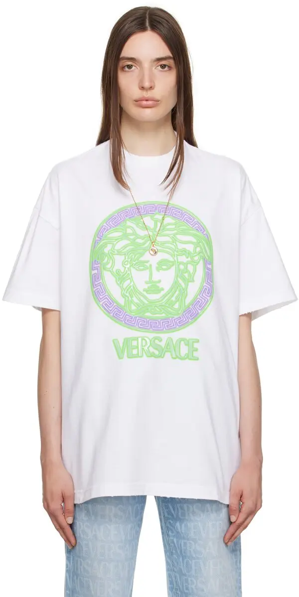 Versace White Medusa T-Shirt In 6wa80/White/Green 67% Off