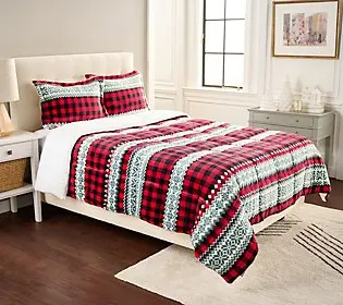 BERKSHIRE BLANKET Berkshire Printed Velvetsoft Rev. Sherpa Comforter- Qn