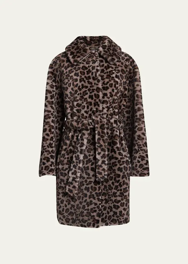 Emporio Armani Leopard Print Shearling Belted Wrap Coat - Brown ...