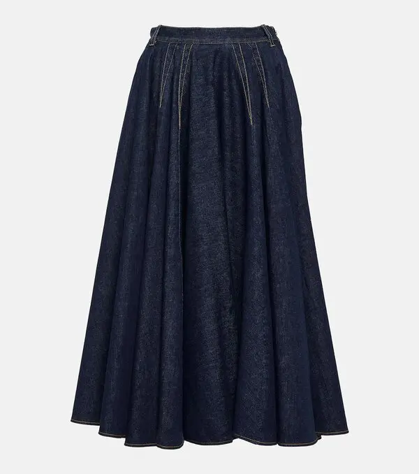 Alaïa Pleated High-rise Denim Midi Skirt