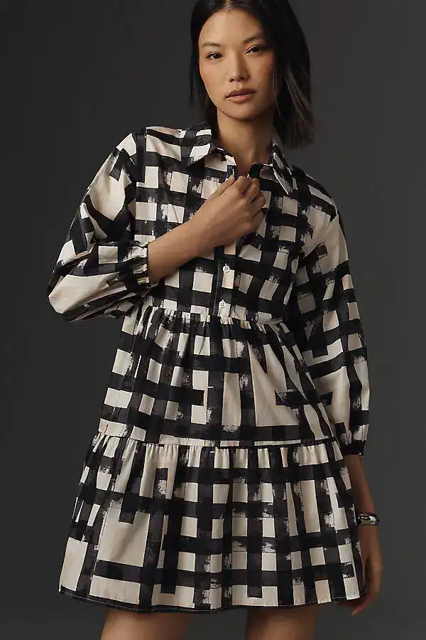 Maeve The Bettina Tiered Mini Shirt Dress In Grey - 28% Off | Editorialist