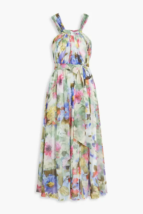 Badgley Mischka Gathered Floralprint Chiffon Midi Dress In Light Green -  80% Off