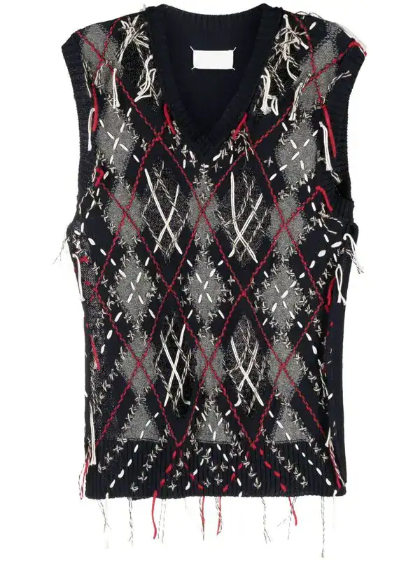 Maison Margiela Cut-Out Intarsia Knit Vest In Blue - 66% Off