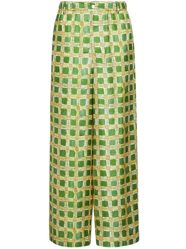 Marni Check Fields Silk Wide-Leg Trousers In Green - 54% Off