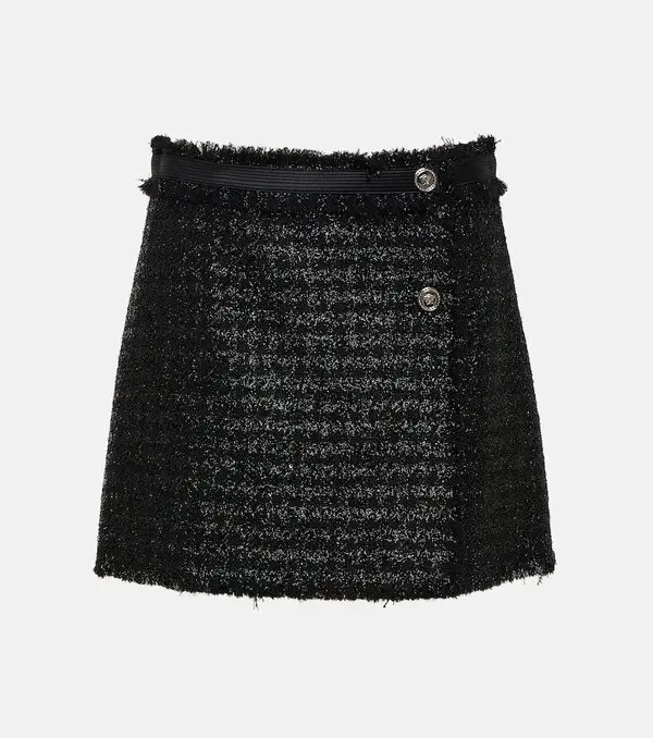 Versace Frayed Metallic Woolblend Tweed Mini Wrap Skirt In Black