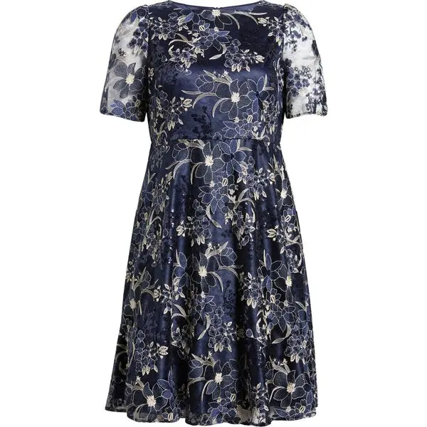 Eliza J Floral Embroidered Sequin Lace Dress - Navy | Editorialist