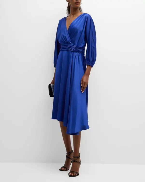 Rickie Freeman For Teri Jon Asymmetric Blouson-Sleeve Midi Dress
