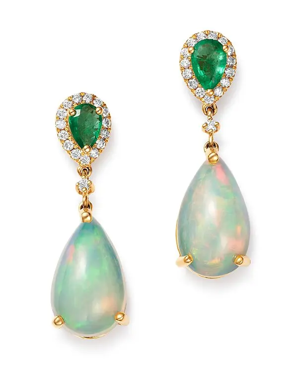 Bloomingdale'S 14k Yellow Gold Ethiopian Opal, Emerald, And Diamond Drop Earrings