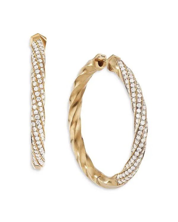 David Yurman 18k Yellow Gold Cable Edge Hoop Earrings With Diamonds - White/gold