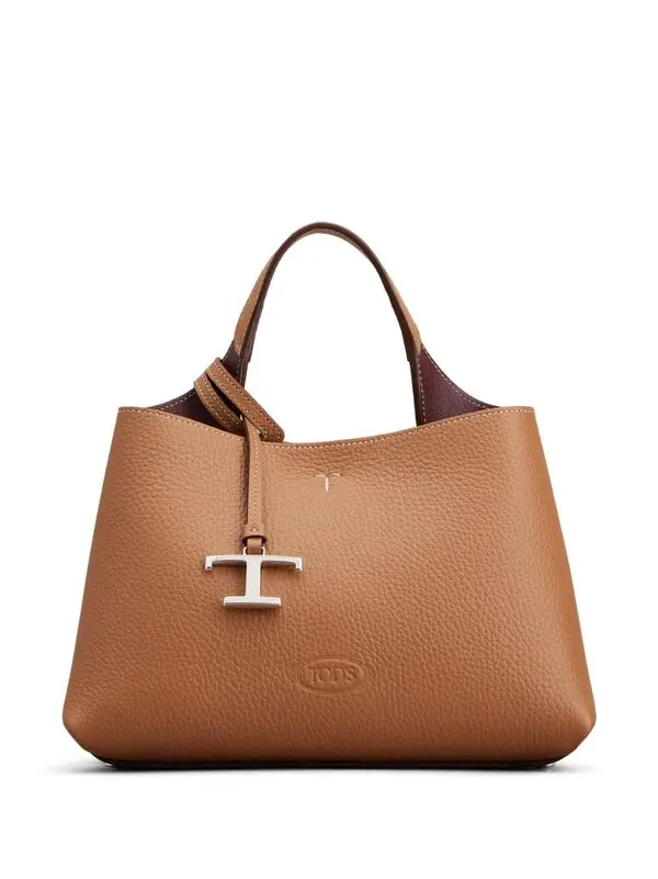 TOD'S Leather Tote Bag With Logo Pendant - Brown
