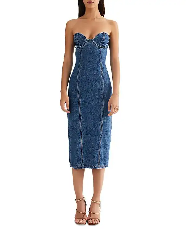 knee length dresses for ladies Sau Lee Brooklyn Denim Midi Dress, Dark Denim