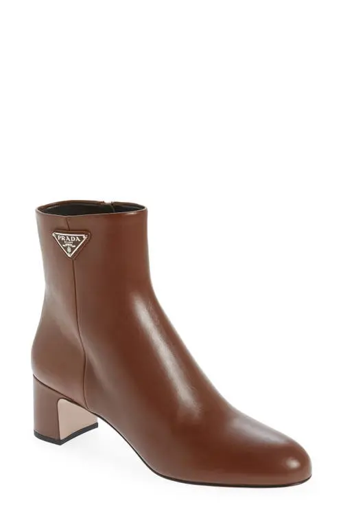 Prada Logo Block Heel Bootie - Cognac