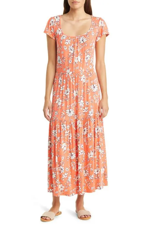 Loveappella Floral Tiered Jersey Midi Dress In Coral - 45% Off |  Editorialist