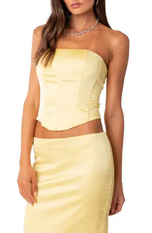 EDIKTED Gracelynn Satin Lace-up Crop Corset Top - Yellow | Editorialist