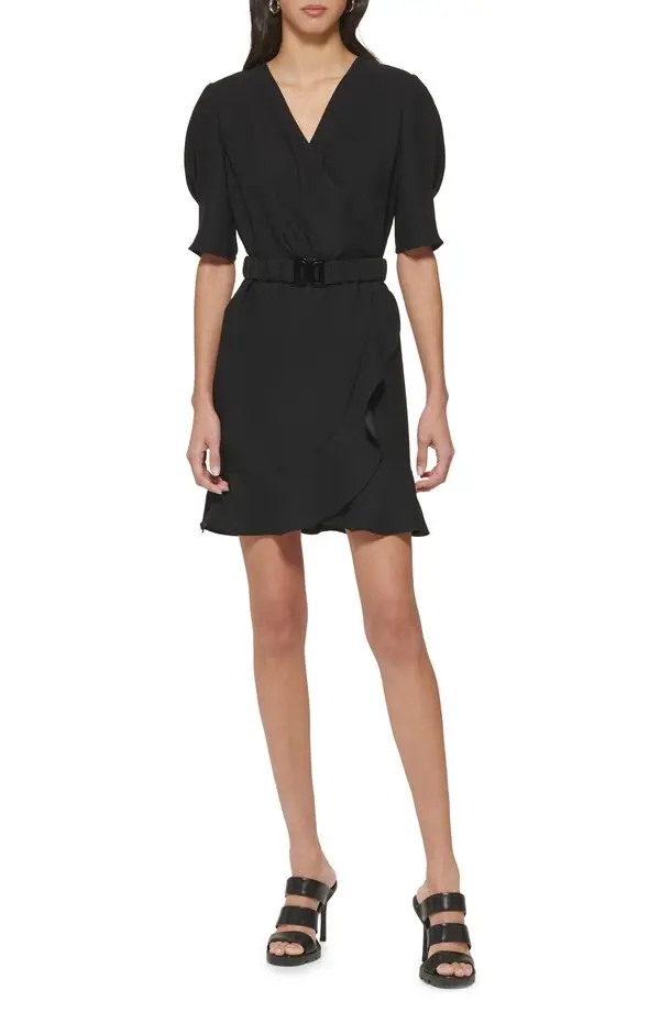 Dkny Belted Faux Wrap Dress In Black - 30% Off | Editorialist