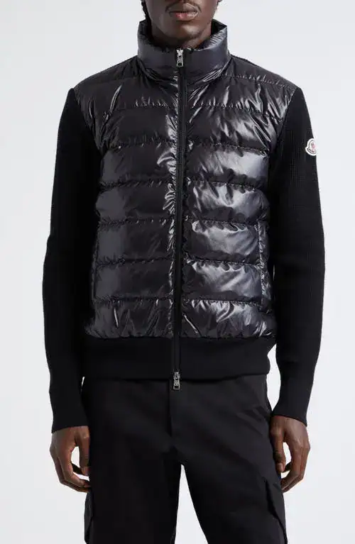 Moncler Quilted Mixed Media Down And Wool Cardigan Black