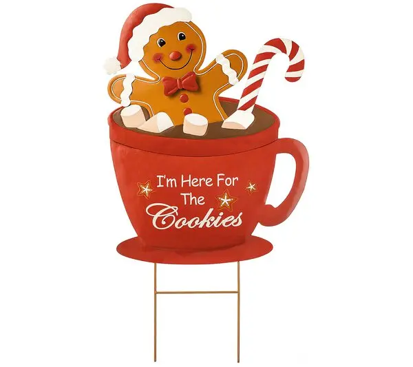 GLITZHOME 30' Gingerbread In Coffee Mug Yar Garden Stake