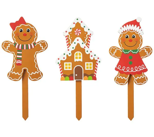 GLITZHOME Set Of 3 Wooden Gingerbread Yard Arden Stakes