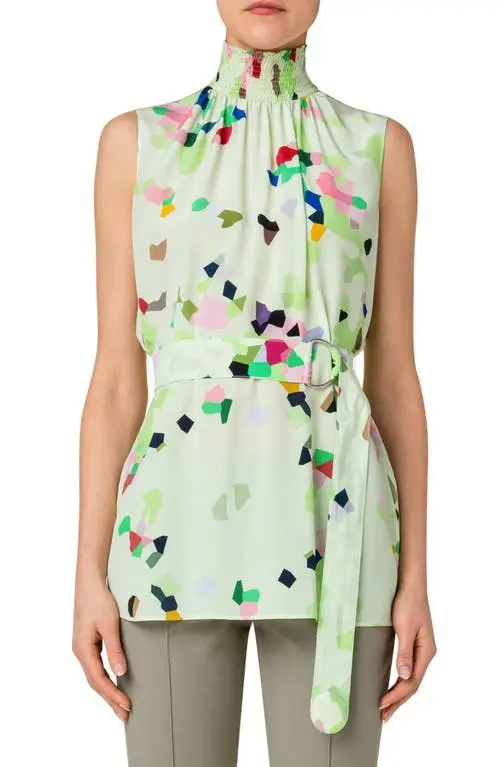 Akris Abstract Print Belted Silk Blouse