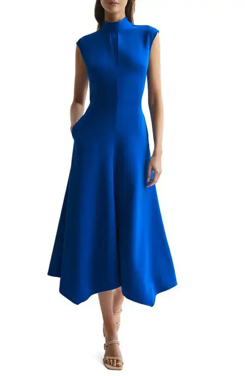 Reiss Livvy Mock Neck Fit & Flare Dress In Blue - 61% Off | Editorialist